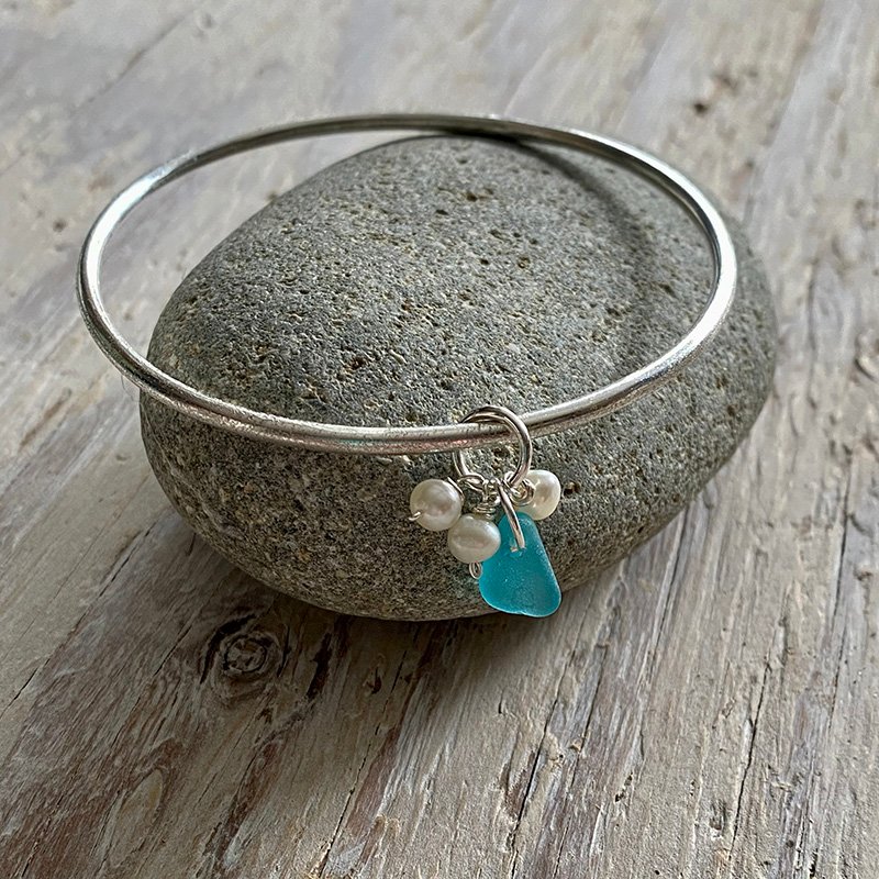 Recycled Silver Bangle with Sea Glass and Freshwater Pearls ...